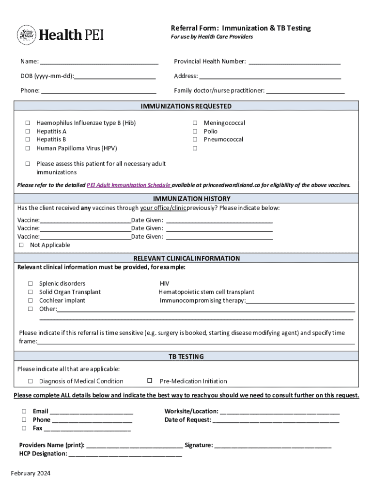 Fillable Online Referral Form: Immunization & TB Testing Fax Email ...