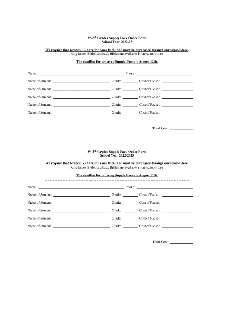 Fillable Online 3rd-5th Grades Supply Pack Order Form Fax Email Print ...