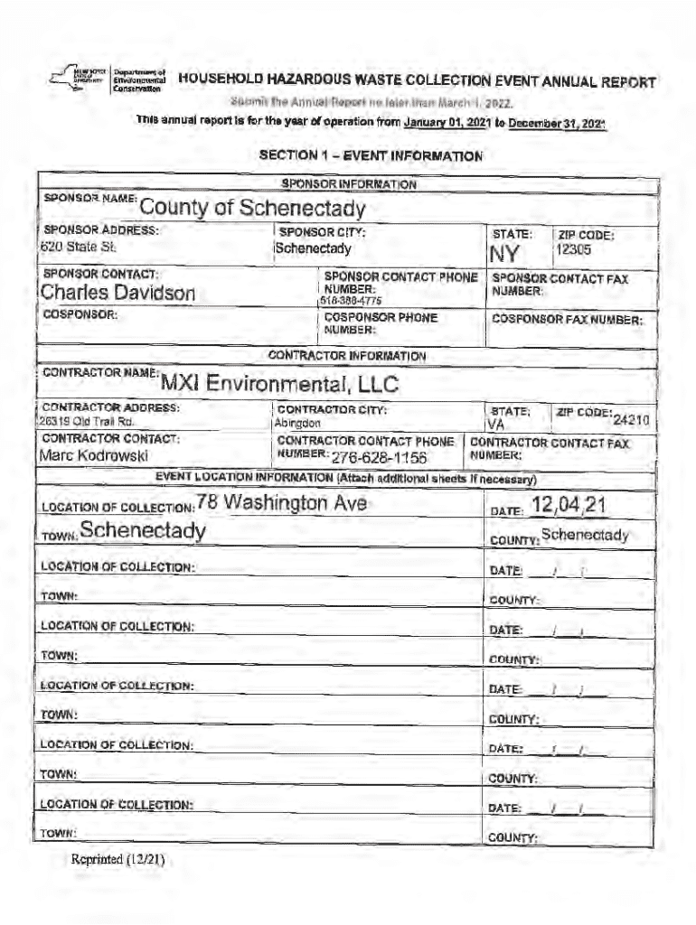 Fillable Online Schenectady County Household Hazardous Waste Collection Event Annual Report ...