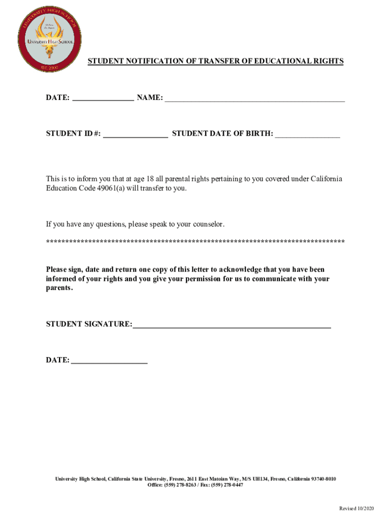 Fillable Online Student Notification of Transfer of Educational Rights ...