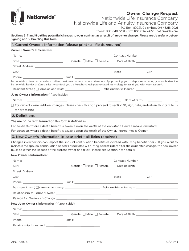 Fillable Online Owner Change Request Nationwide Life Insurance Company ...