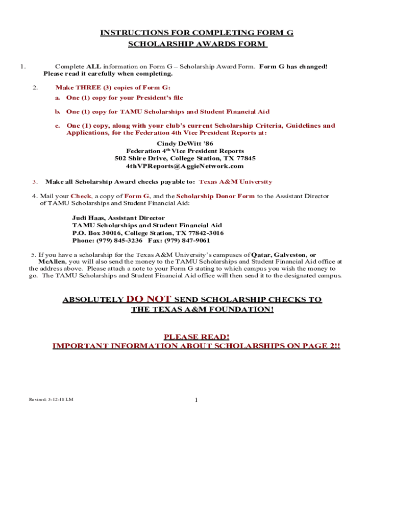 Fillable Online Instructions for Completing Form G Scholarship Awards ...