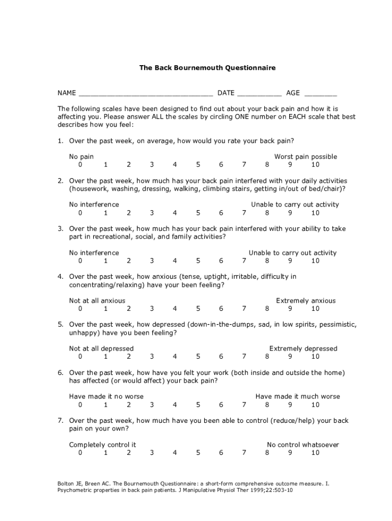 Fillable Online The Bournemouth Questionnaire for Measuring Outcome in ...