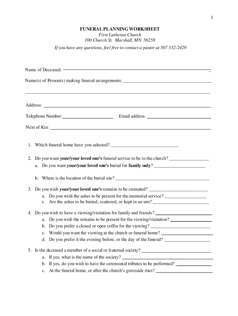 Fillable Online FUNERAL PLANNING WORKSHEET Return this to the ... Fax ...