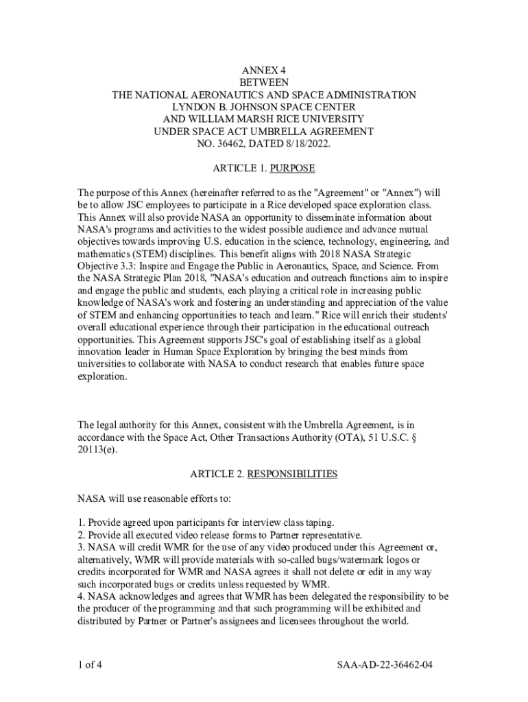 Fillable Online Rice, NASA extend Space Act Agreement Fax Email Print - pdfFiller