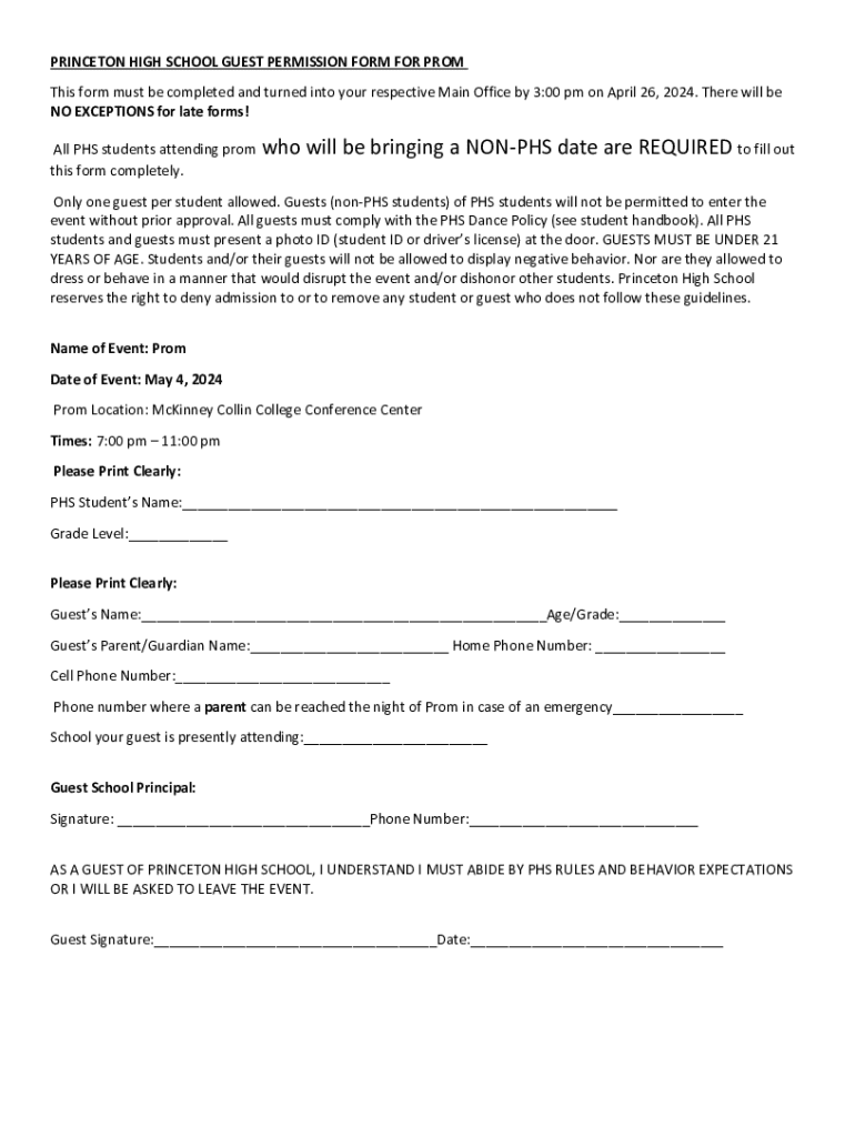 Fillable Online PHS students attending prom who will be bringing a NON ...