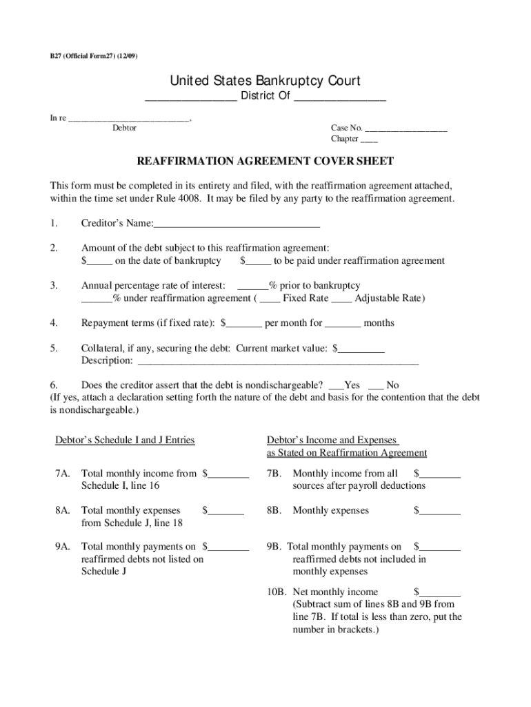 Fillable Online reaffirmation agreement cover sheet - United States ...