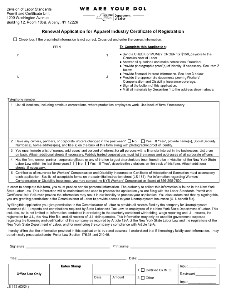 Fillable Online Renewal Application for Apparel Industry Certificate of Registration (LS153 ...
