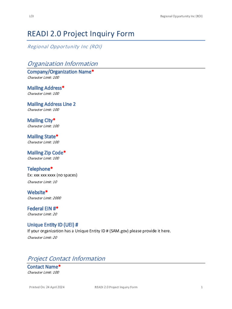 Fillable Online READI 2.0 Arts and Culture Project Inquiry Form Fax ...