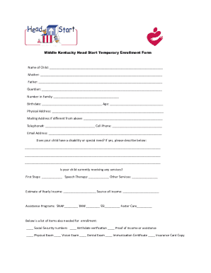 Fillable Online Middle Kentucky Head Start Temporary Enrollment Form ...