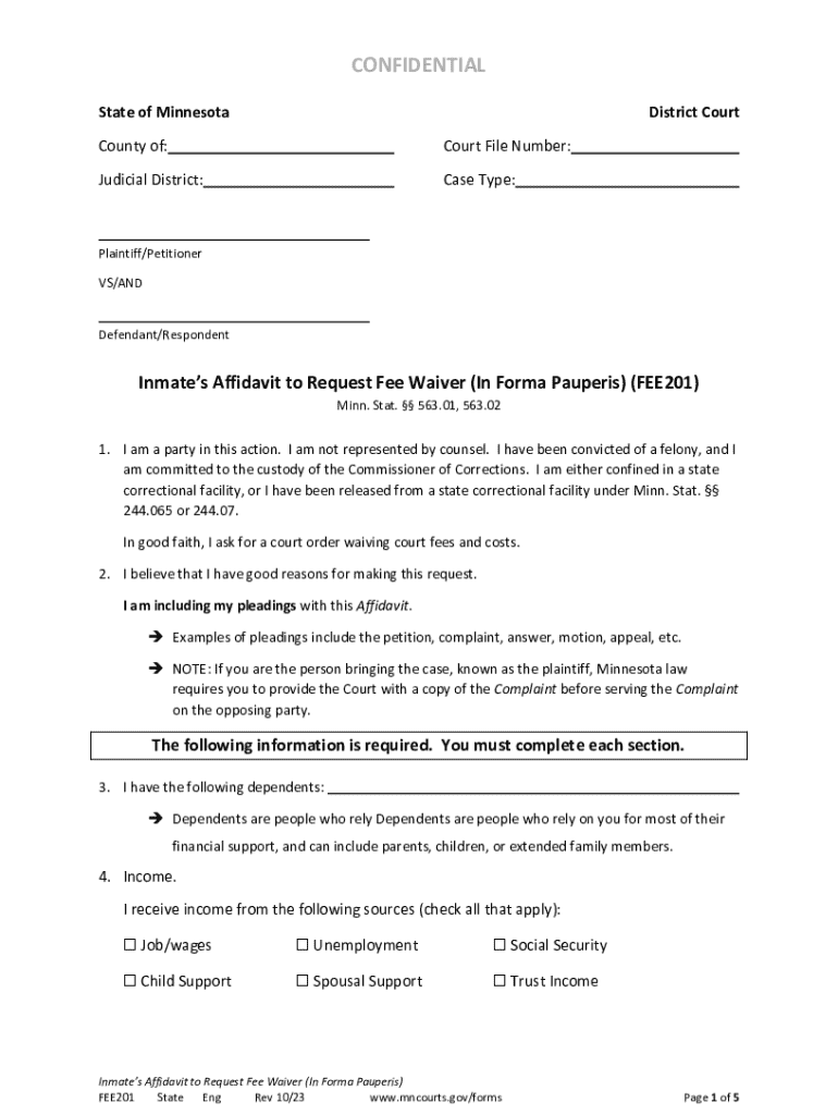 Fillable Online Inmate's Affidavit to Request Fee Waiver Fax Email ...