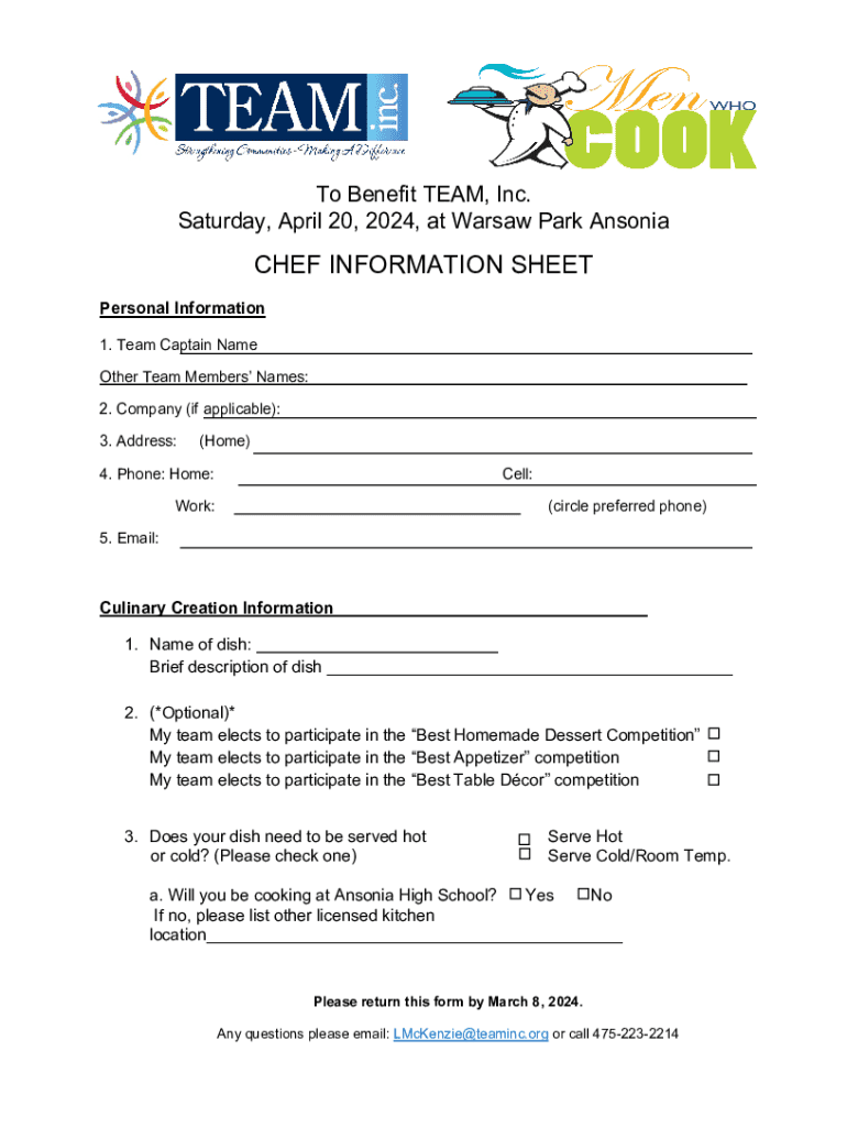 Fillable Online CHEF INFORMATION SHEET - Team Inc Fax Email Print - pdfFiller
