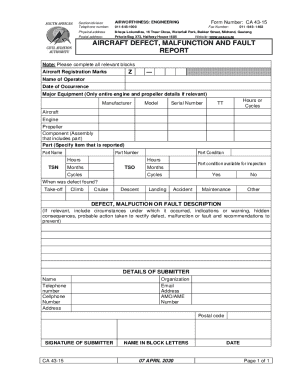 Fillable Online AIRCRAFT DEFECT, MALFUNCTION AND FAULT REPORT Fax Email ...