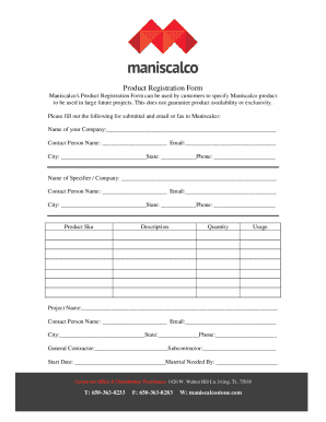 Fillable Online Product Registration Form - Maniscalco Stone Fax Email ...