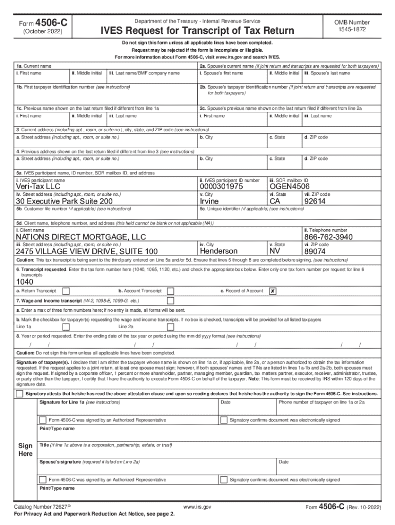 Fillable Online 2022-2024 Form IRS 4506-C Fill Online, Printable, Fillable ... Fax Email Print ...