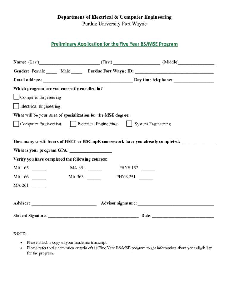 Fillable Online Preliminary Application for the Five Year BS/MSE ...