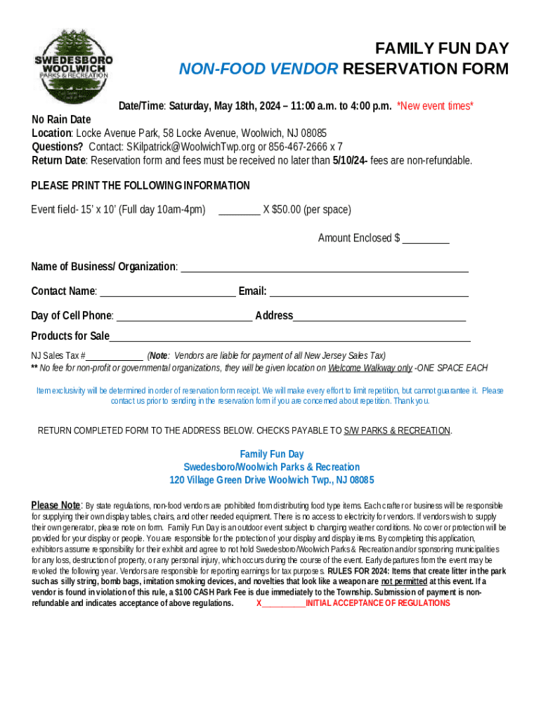 FAMILY FUN DAY FOOD VENDOR RESERVATION Doc Template | pdfFiller