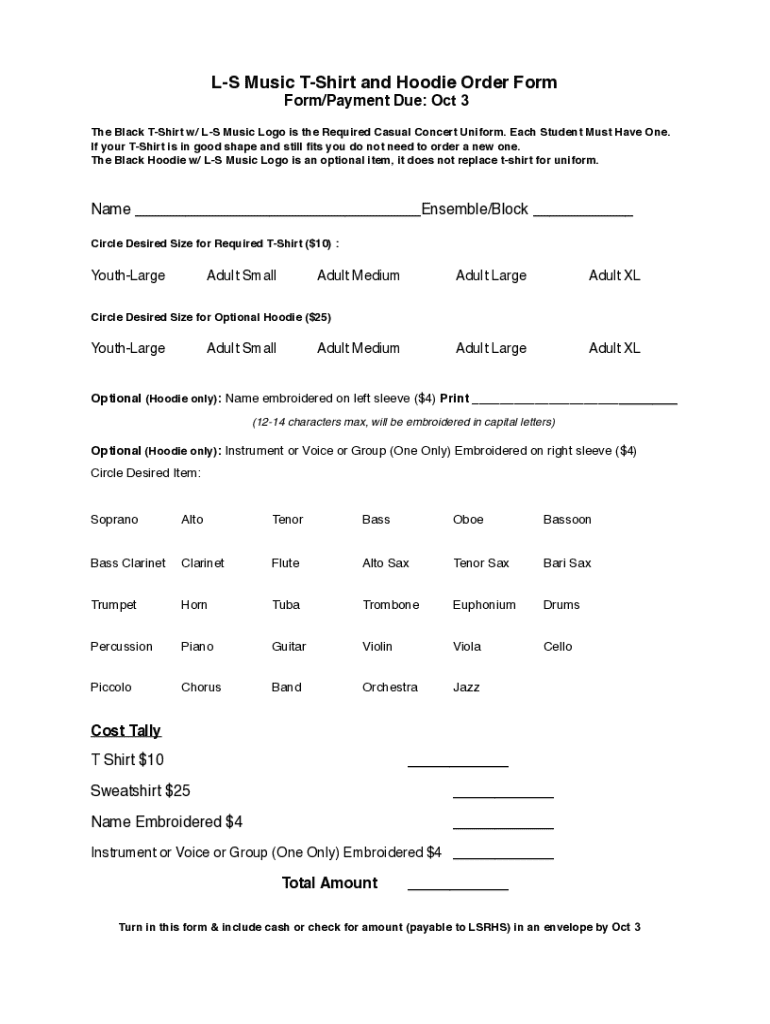 Fillable Online LS Music T-Shirt and Hoodie Order Form Fax Email Print - pdfFiller