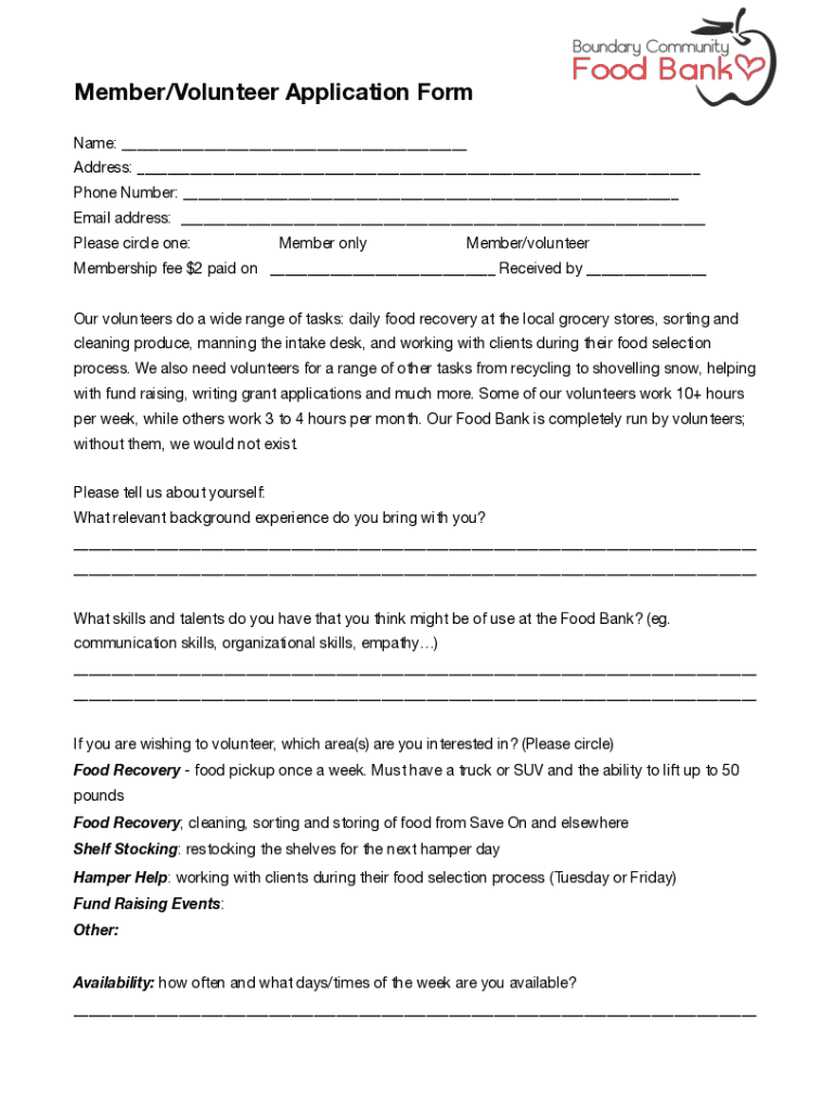 Fillable Online Food Bank Volunteer Application Form 2 Fax Email Print ...