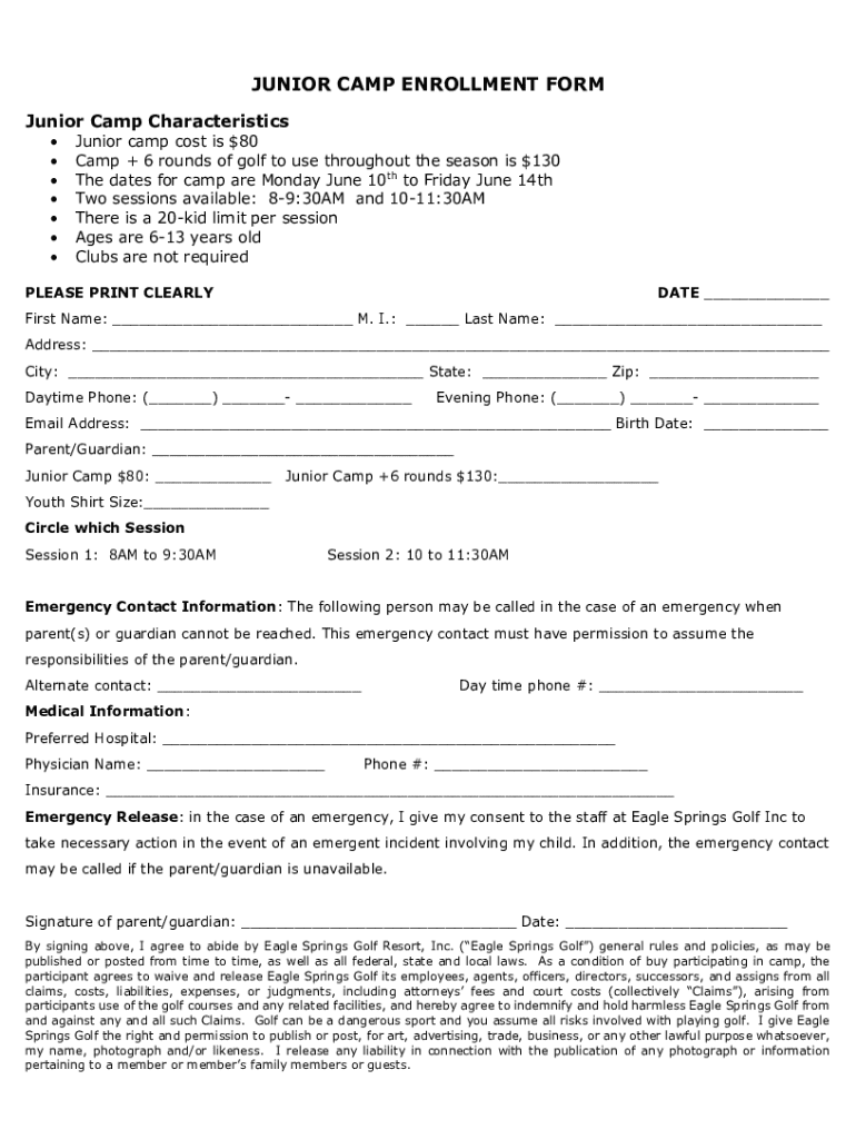 Fillable Online JUNIOR CAMP ENROLLMENT FORM Fax Email Print - pdfFiller