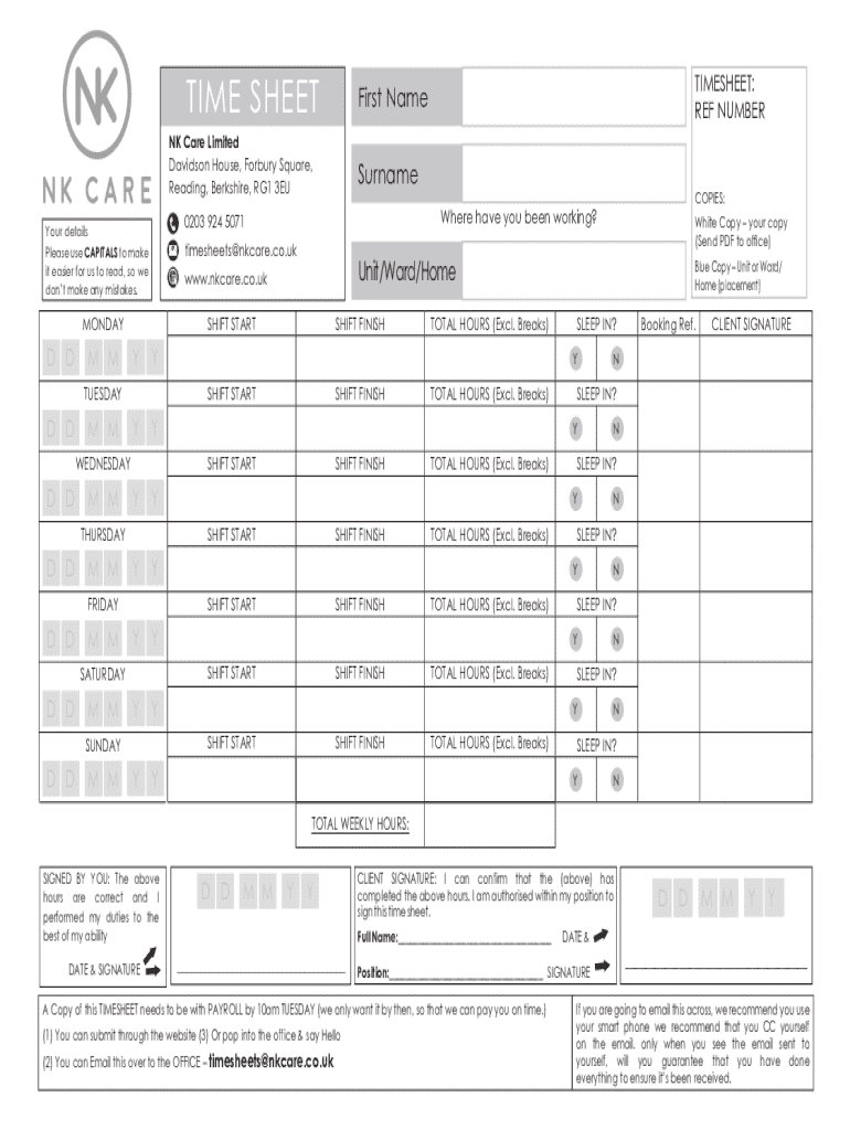 Fillable Online NK Care, Davidson House, Forbury Square, Reading ... Fax Email Print - pdfFiller