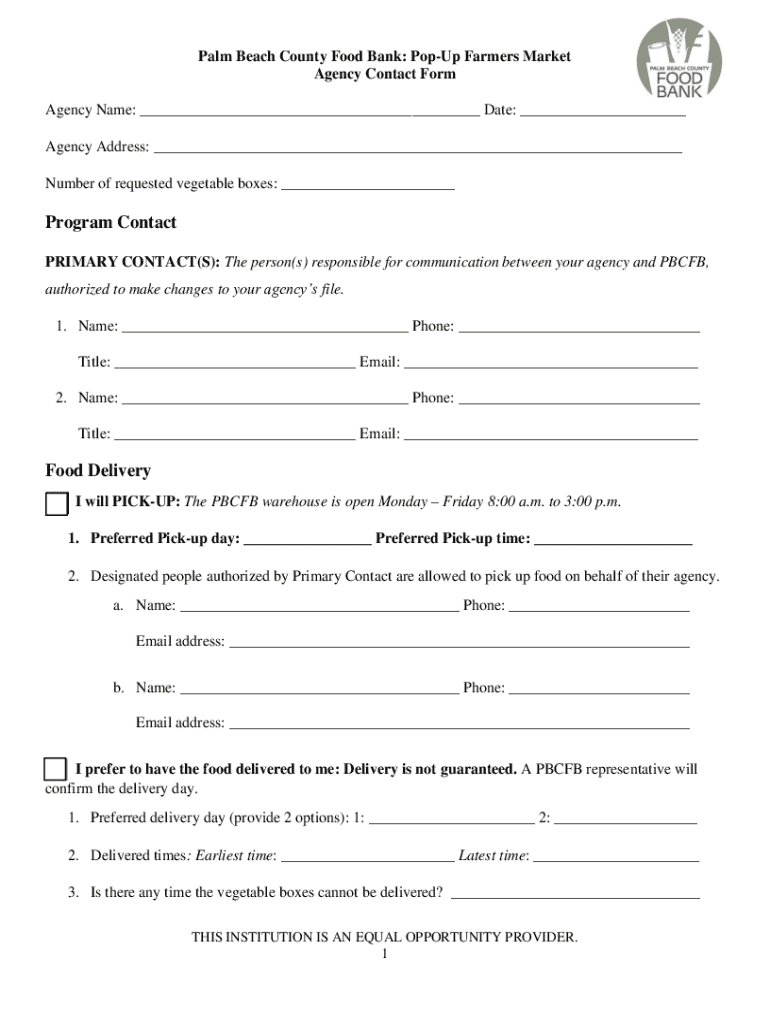 Fillable Online Pop-Up Farmers Market Agency Contact Form Fax Email ...