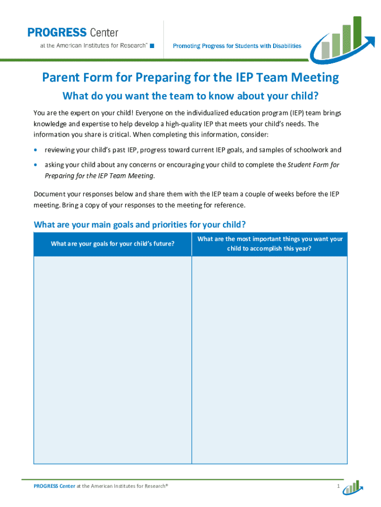 Fillable Online Parent and Student Forms: Preparing for the IEP Team ...
