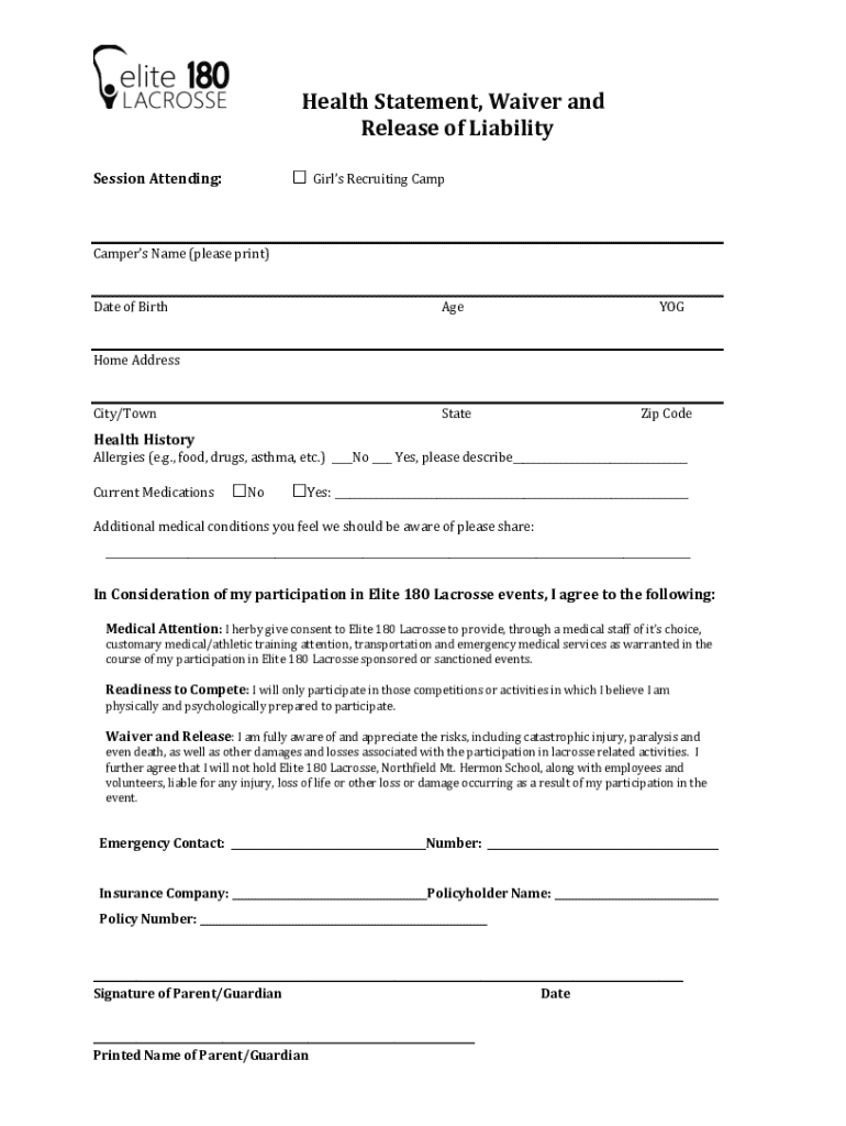 Fillable Online Health Statement, Waiver and Release of Liability Fax ...