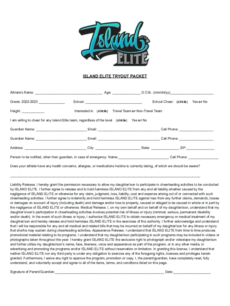 Fillable Online ISLAND ELITE TRYOUT PACKET athlete info sheet Fax Email ...