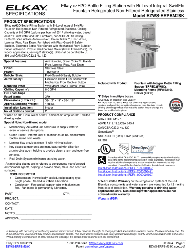 Fillable Online SPECIFICATIONS Elkay ezH2O Bottle Filling Station with Bi-Level ... Fax Email ...