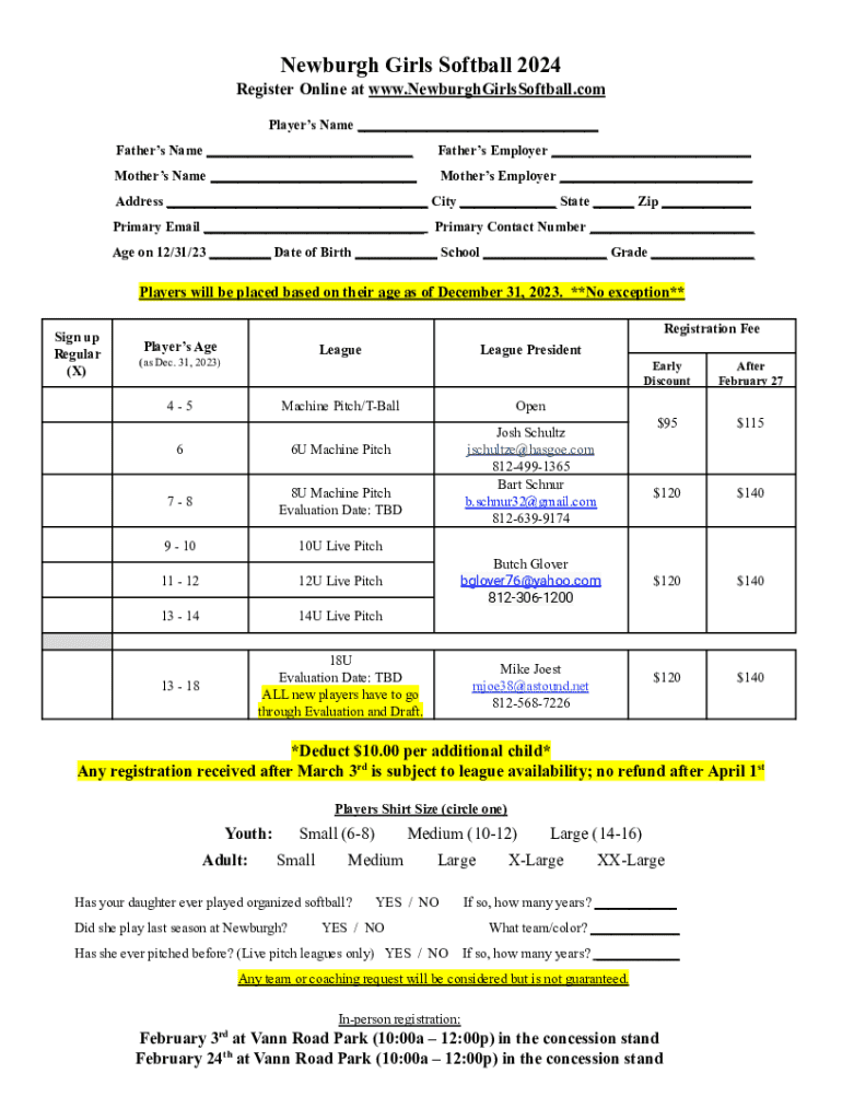 Fillable Online 2024 Edgefield County Girls Softball Registration Form ...