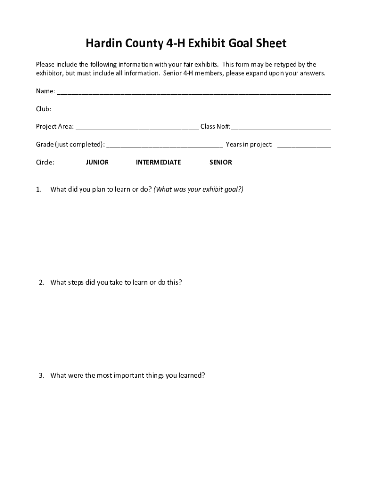 Fillable Online Hardin County Fair - 4H EXHIBIT GOAL SHEET Fax Email ...