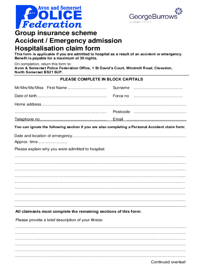 Fillable Online Accident / Emergency admission Hospitalisation claim ...