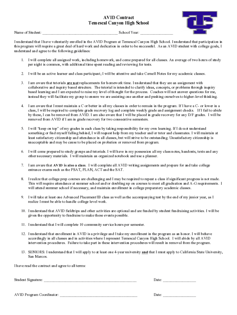 Fillable Online AVID Contract Temescal Canyon High School - miss toller ...
