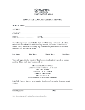 Fillable Online REQUEST FOR CUMULATIVE STUDENT RECORDS ... Fax Email ...