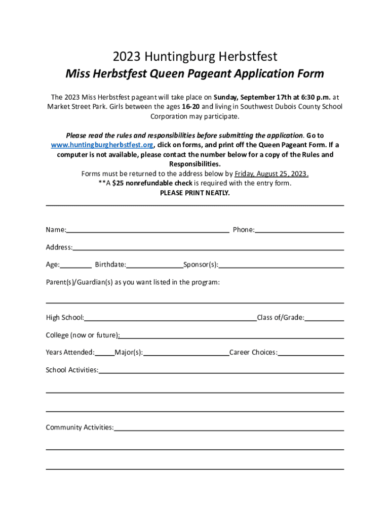 Fillable Online Miss Herbstfest Queen Pageant Application Form Fax ...
