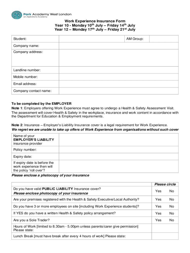 Fillable Online Work Experience Insurance Form Year 10 - Monday 10th ...
