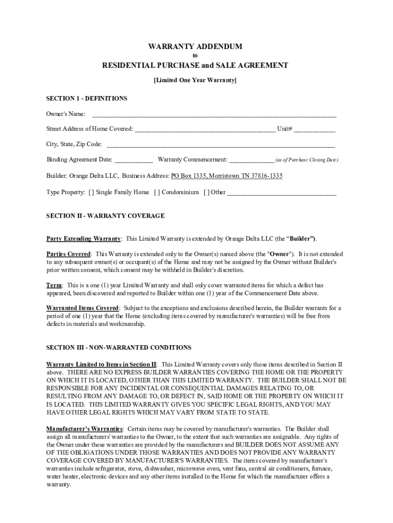 Fillable Online Warranty Addendum To Residential Construction Sale ...