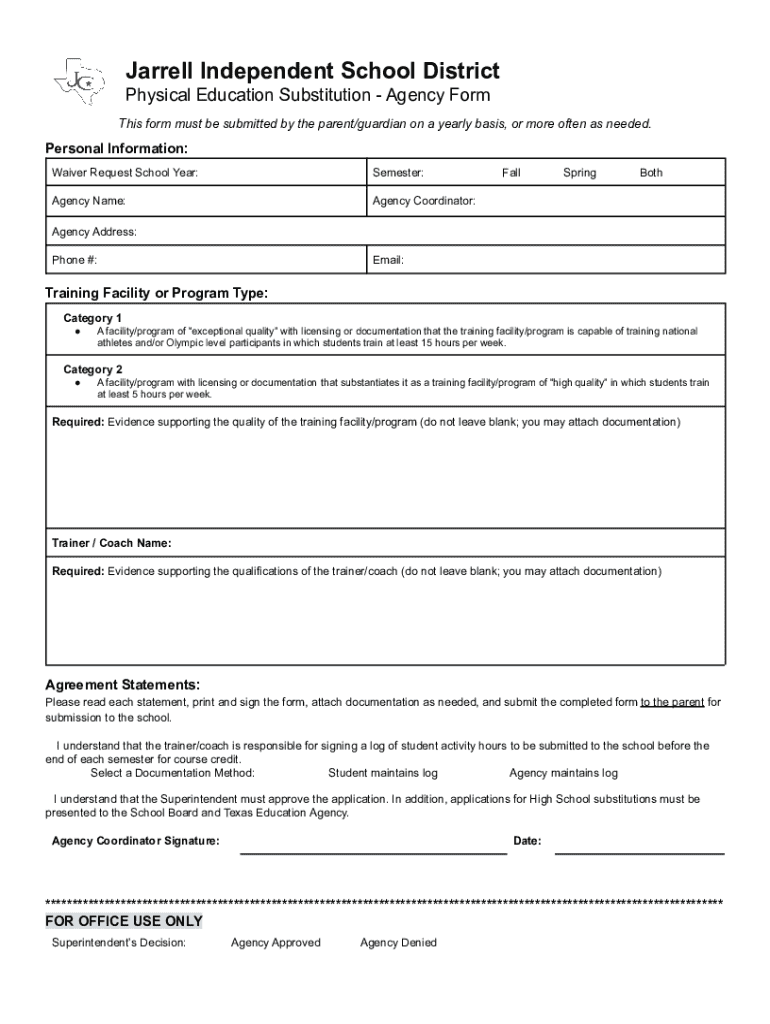 Fillable Online Physical Education Substitution Agency Form Fax Email Print - pdfFiller