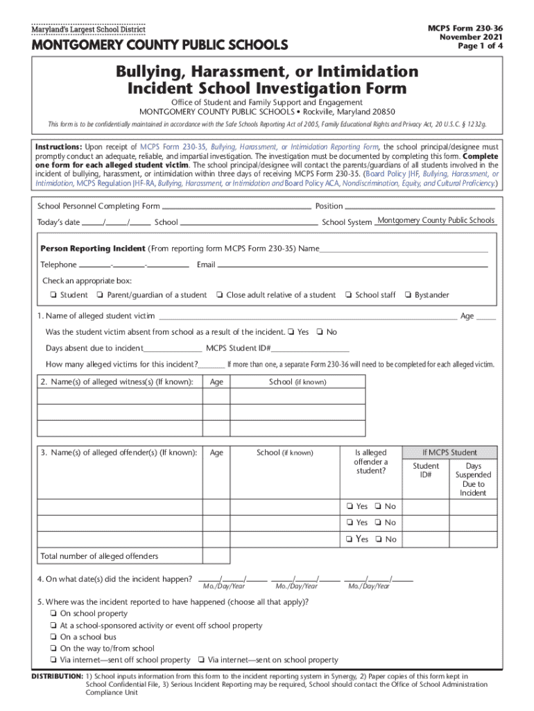 Fillable Online Form 230-36 Bullying, Harassment, or Intimidation ...