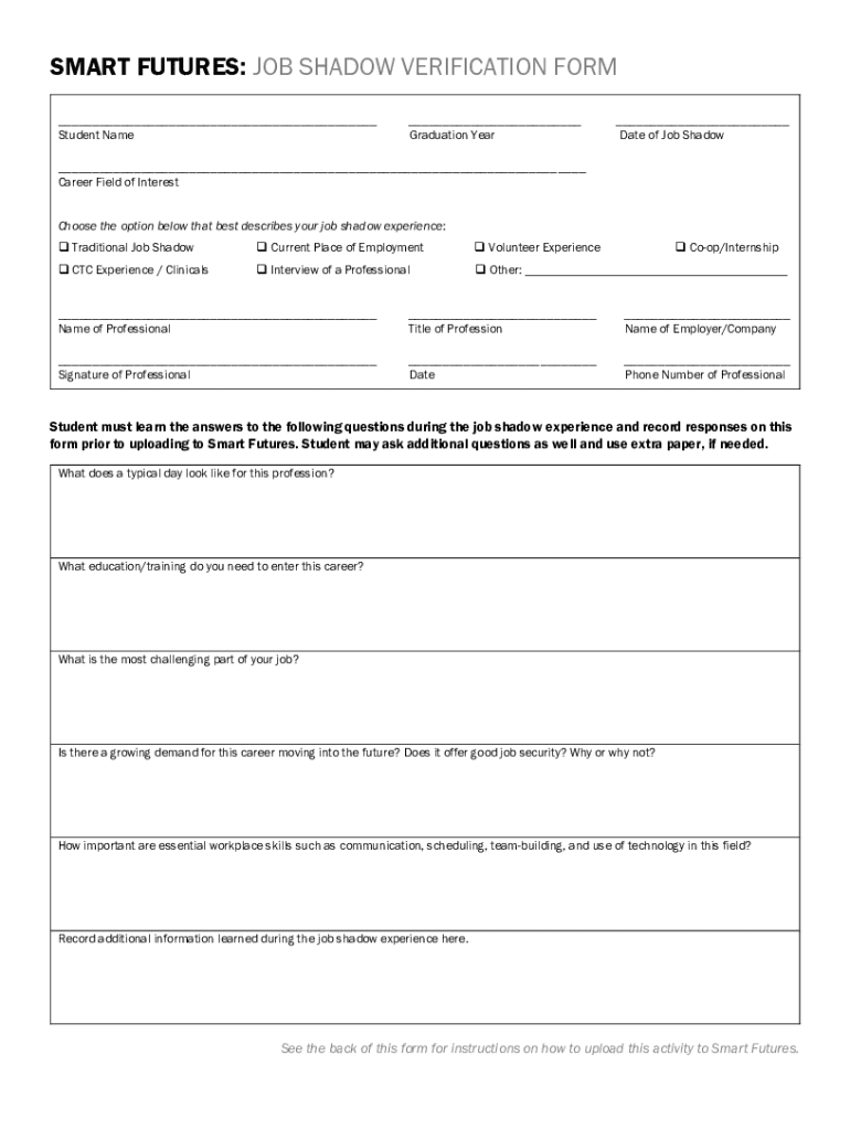 Fillable Online SMART FUTURES: JOB SHADOW VERIFICATION FORM Fax Email ...