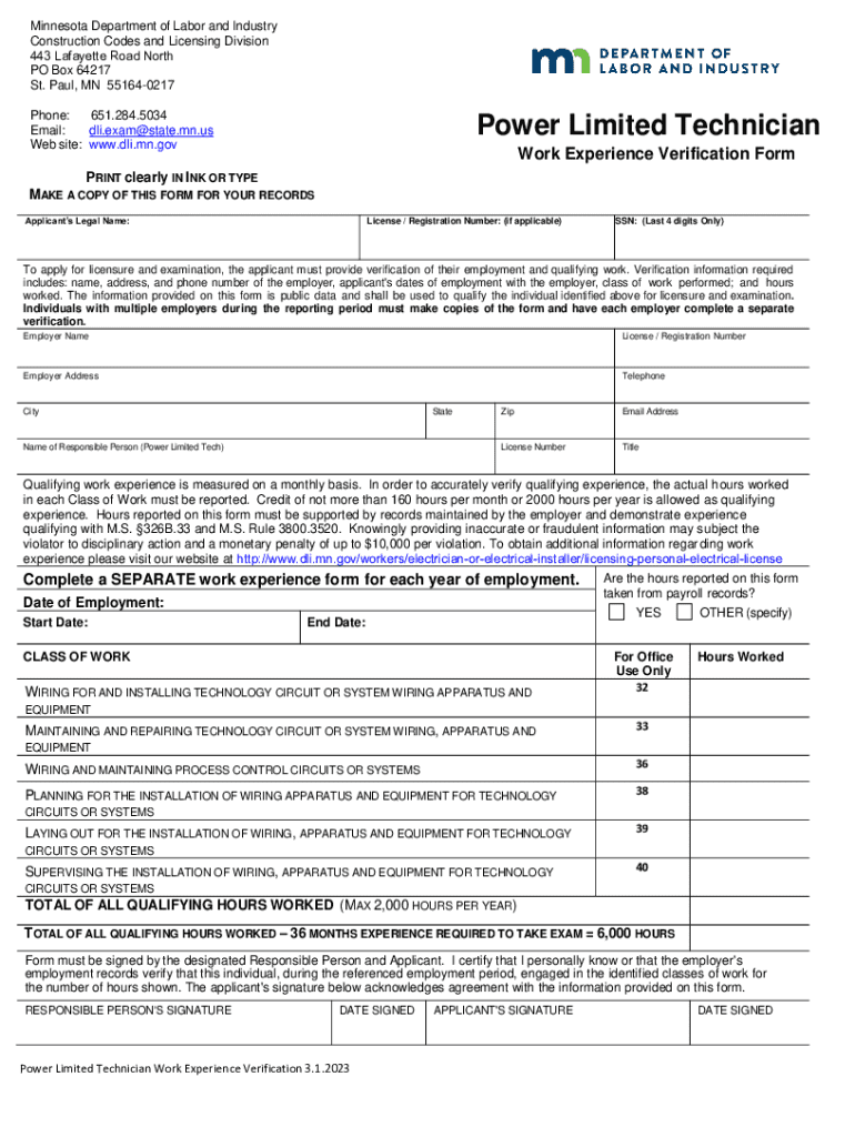 Fillable Online dli mn Power Limited Technician Work Experience ...