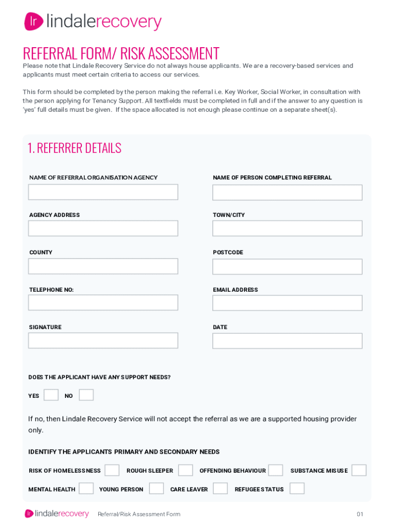 Fillable Online REFERRAL FORM/ RISK ASSESSMENT Fax Email Print - pdfFiller