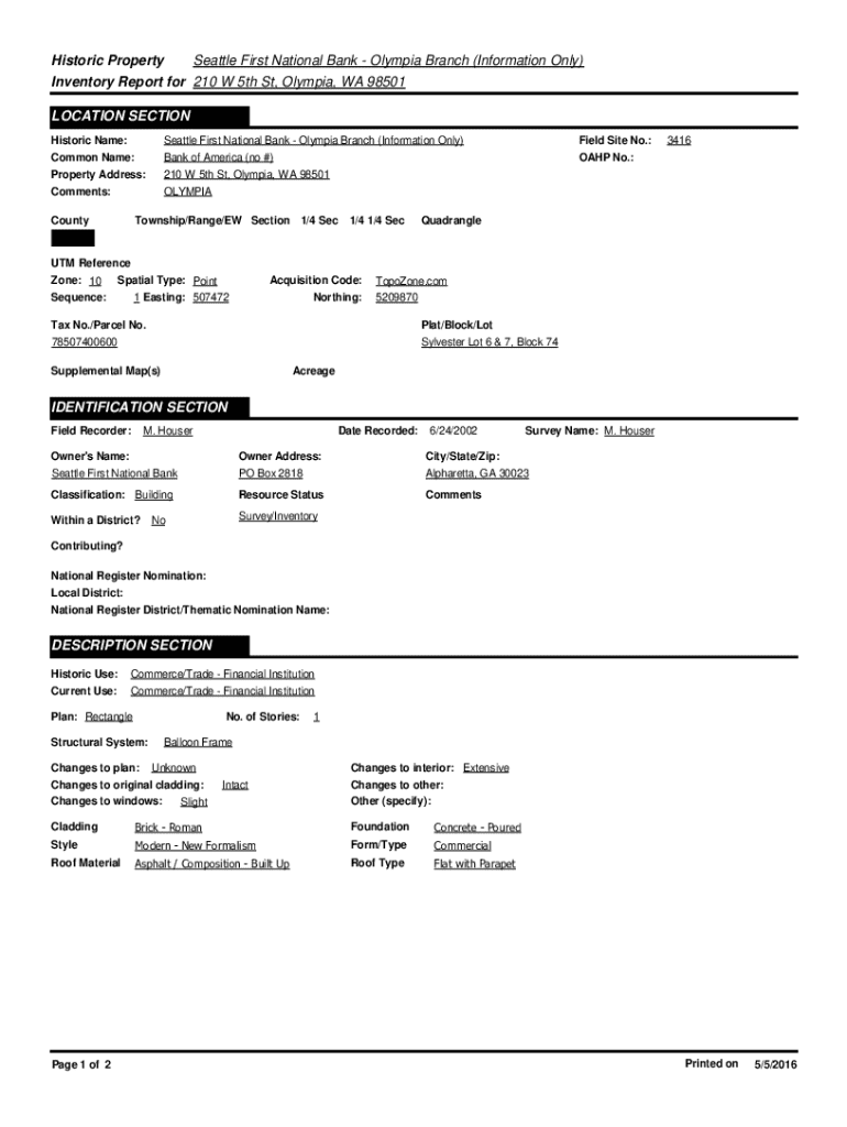 Fillable Online Historic Property Inventory Report for Seattle First ...