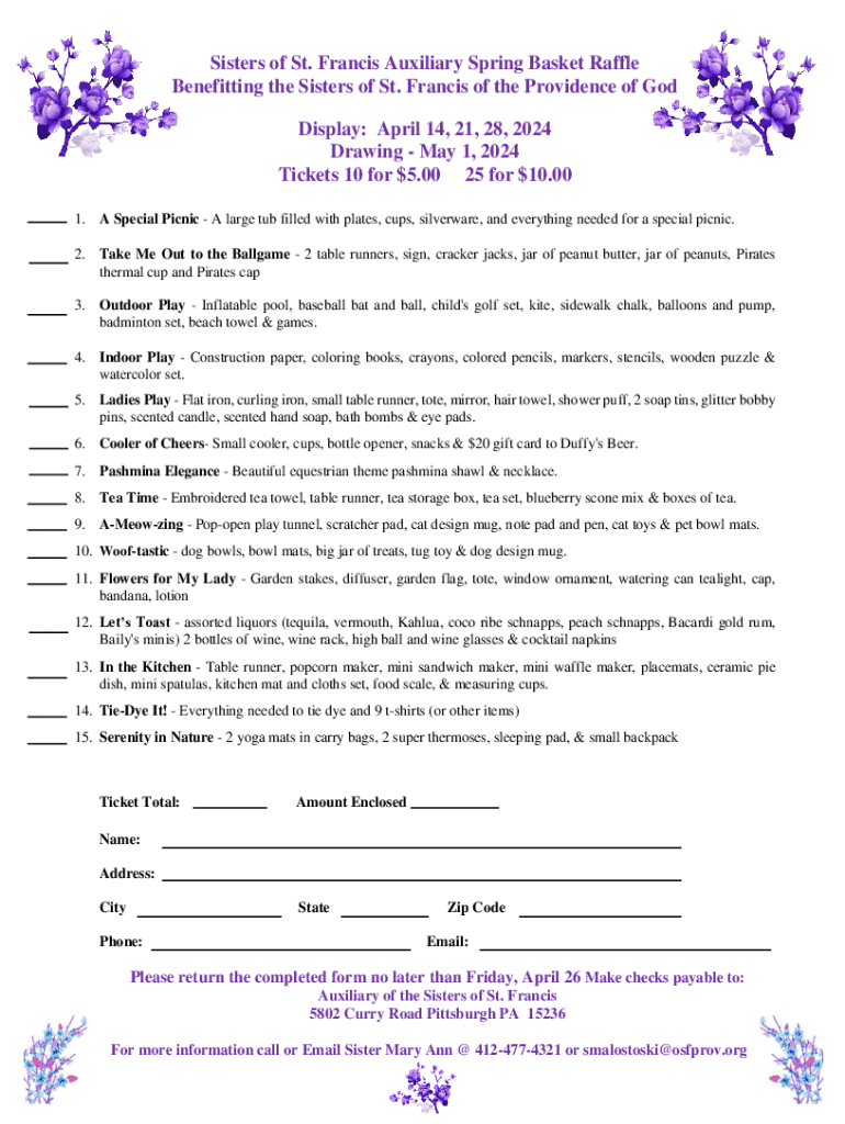 Fillable Online Sisters of St. Francis Auxiliary Spring Basket Raffle ...