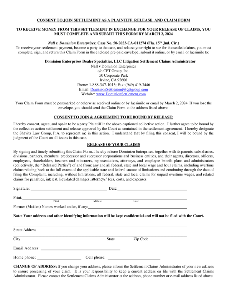 Fillable Online Claim Form, Consent to Join and Release Fax Email Print ...