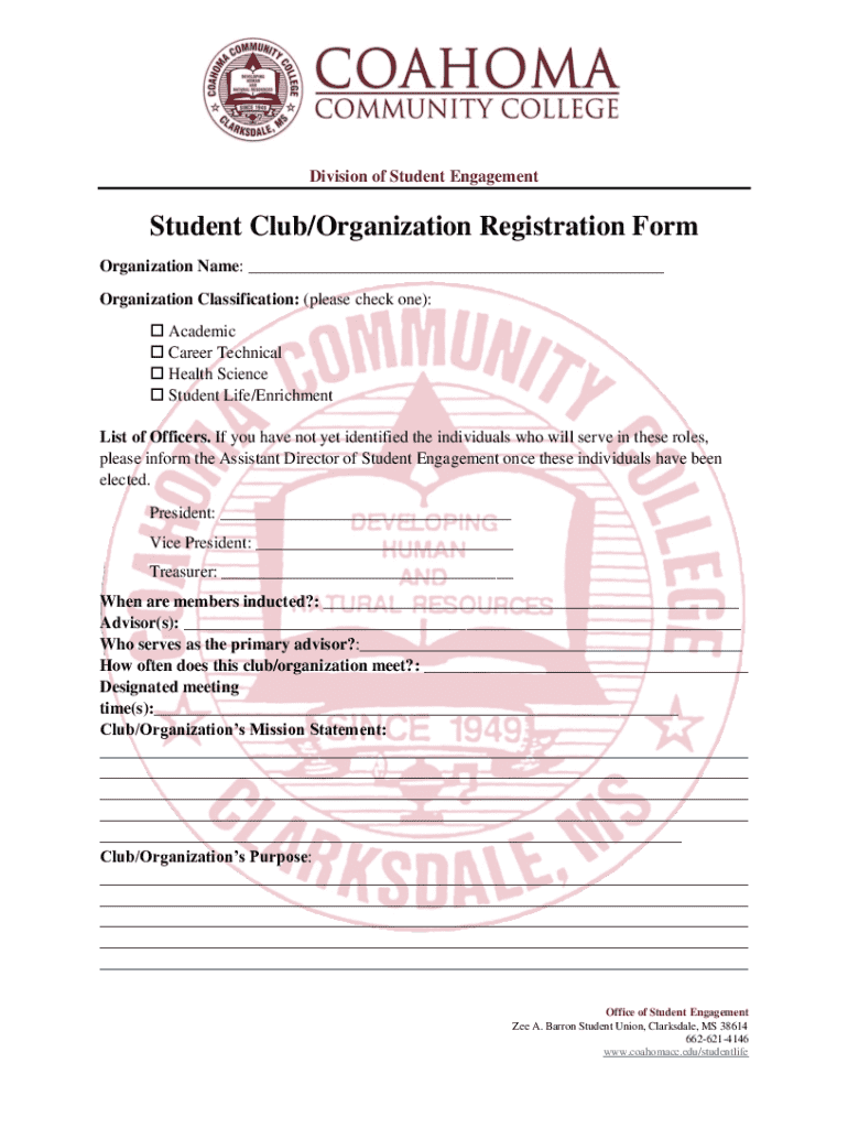 Fillable Online Student Club/Organization Registration Form Fax Email ...