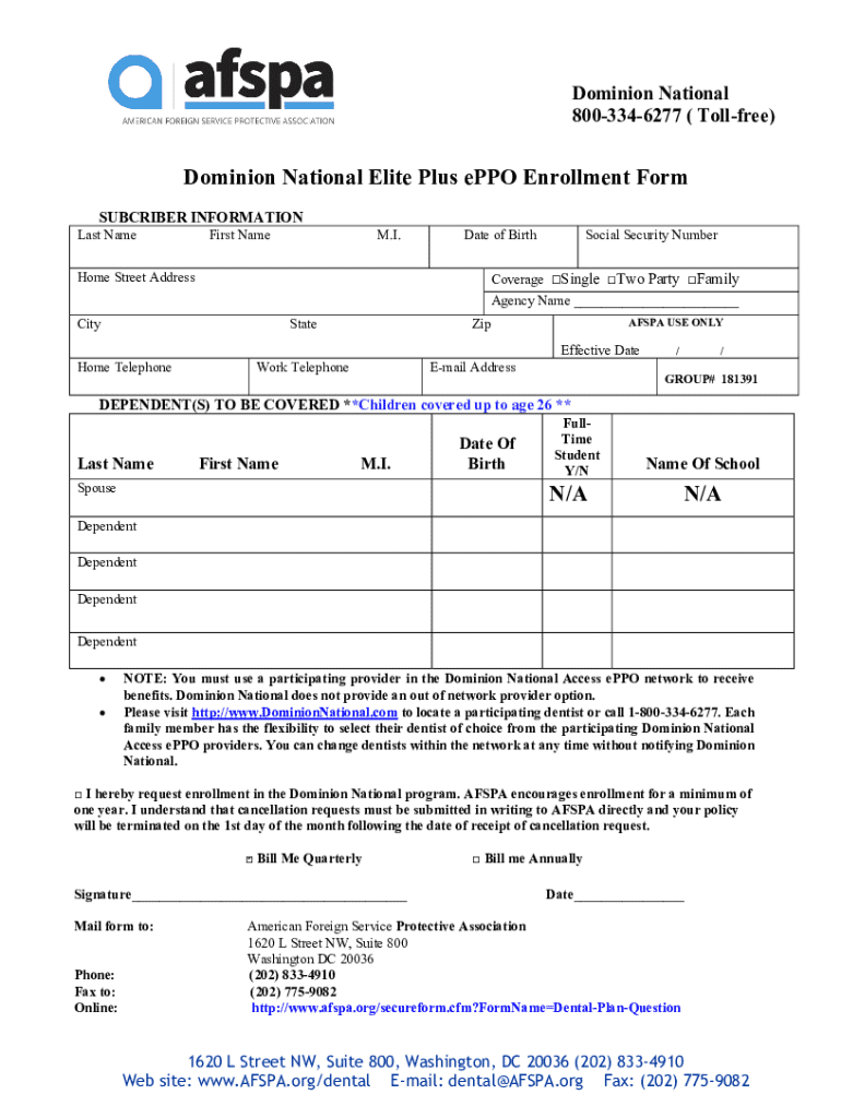 Fillable Online Dominion National Elite Plus ePPO Enrollment Form N/A N ...