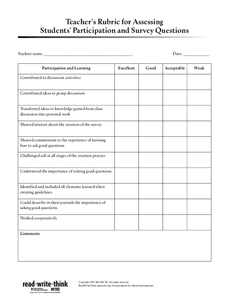 Fillable Online Teacher's Rubric for Assessing Students' Participation ...