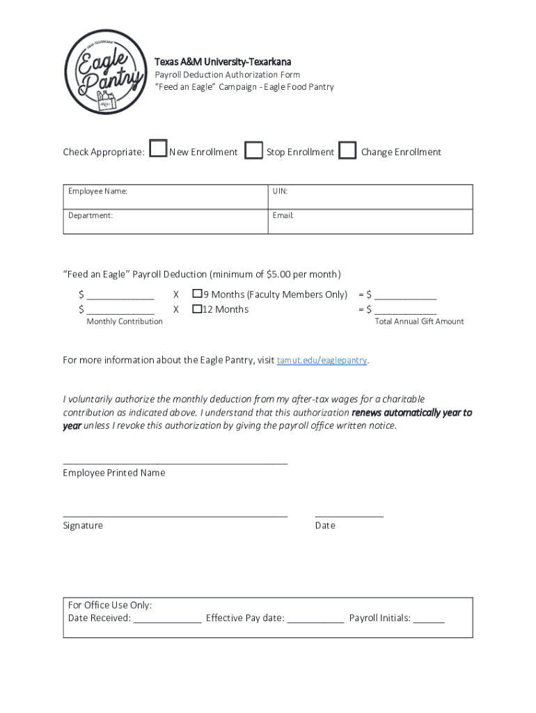 Fillable Online Payroll Deduction Authorization Form Feed an Eagle ... Fax Email Print - pdfFiller